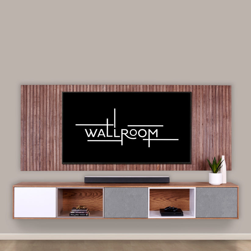 TV Shelf with Slatted Wood Backboard | Minamalist Design