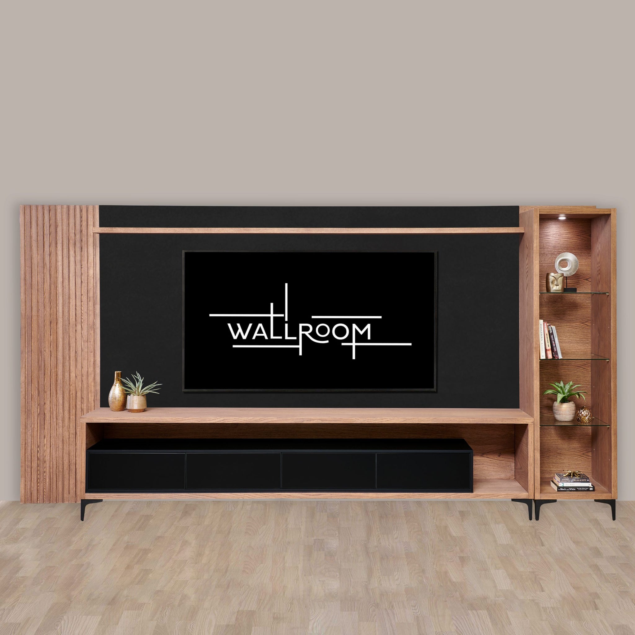 TV Stand with Backboard | Display Shelf | Slatted TV Panel