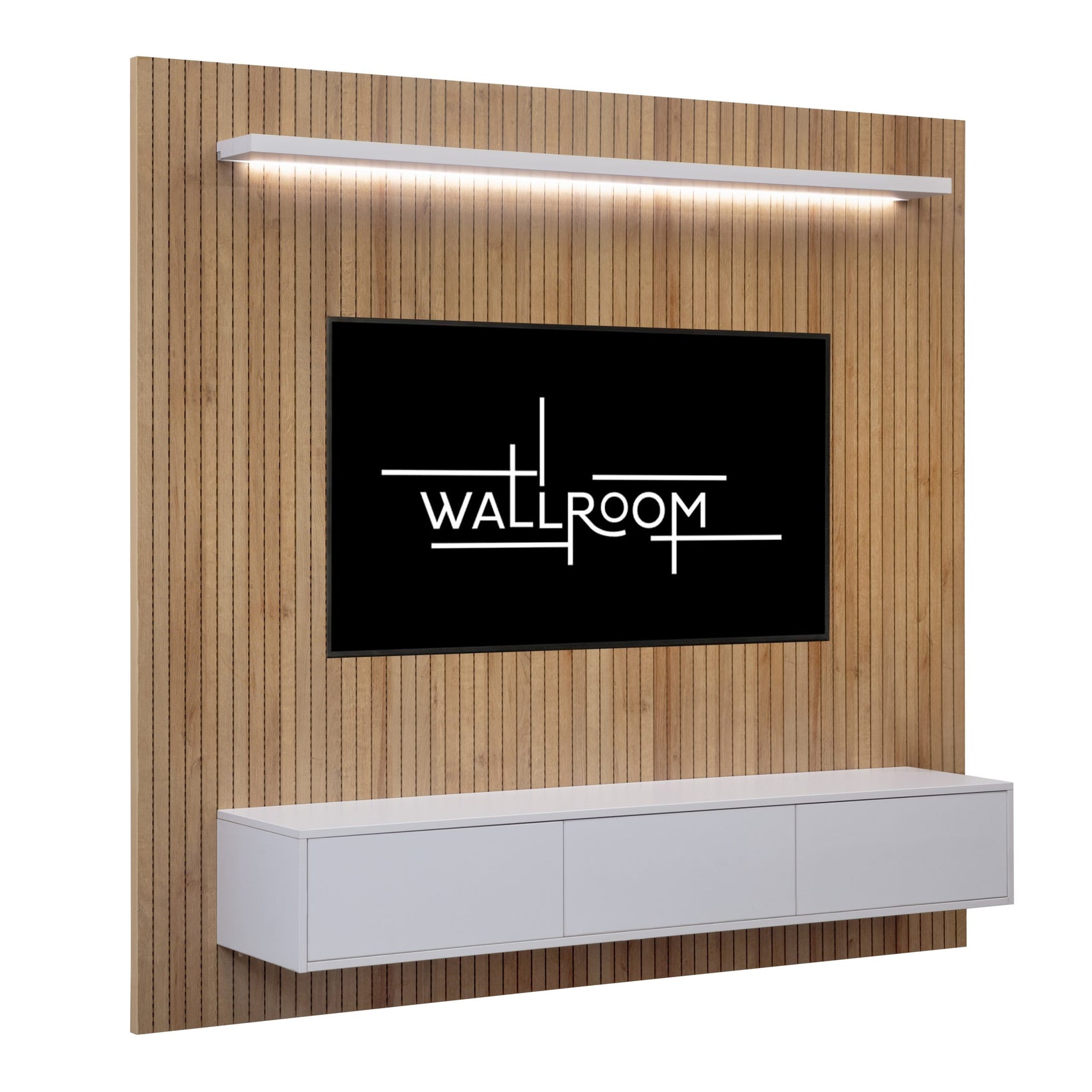 Floating TV Unit with Slatted Wood Wall Panel | View Here